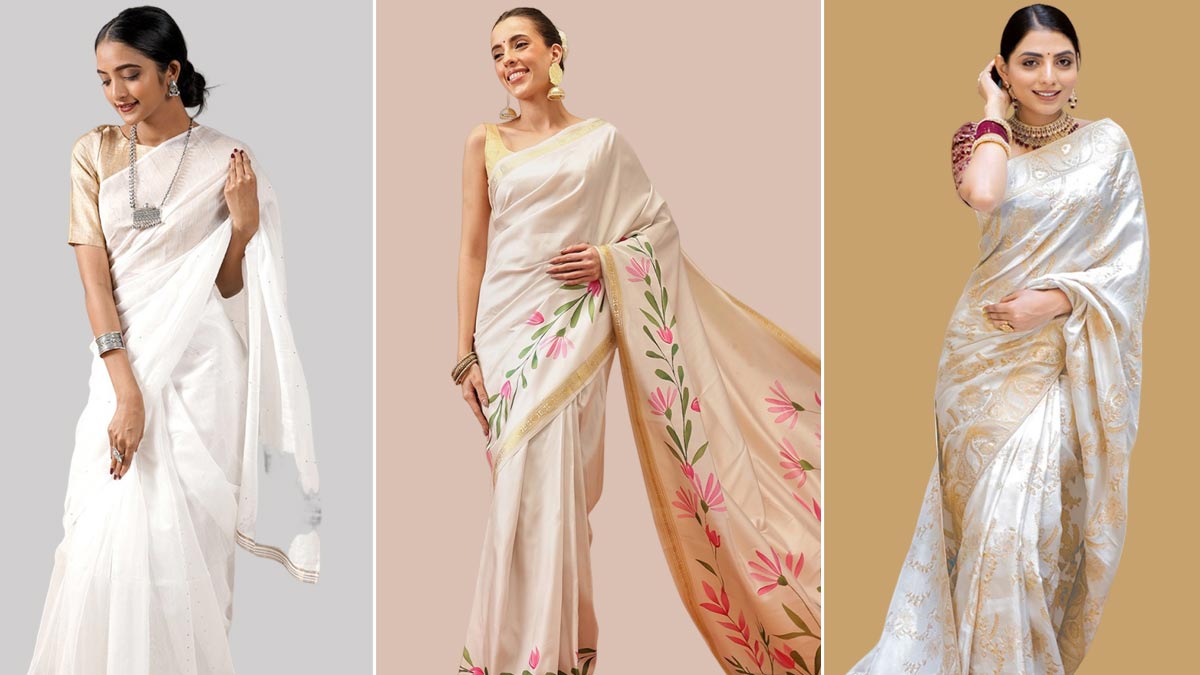 5 Beautiful White Silk Saree Designs To Flaunt During Holi Parties ...