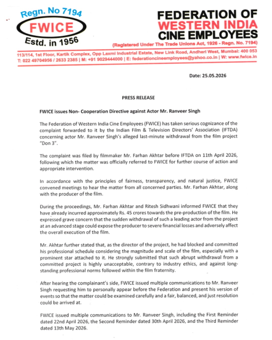What Is FWICE? All About The Organisation That Has Boycotted Ranveer ...