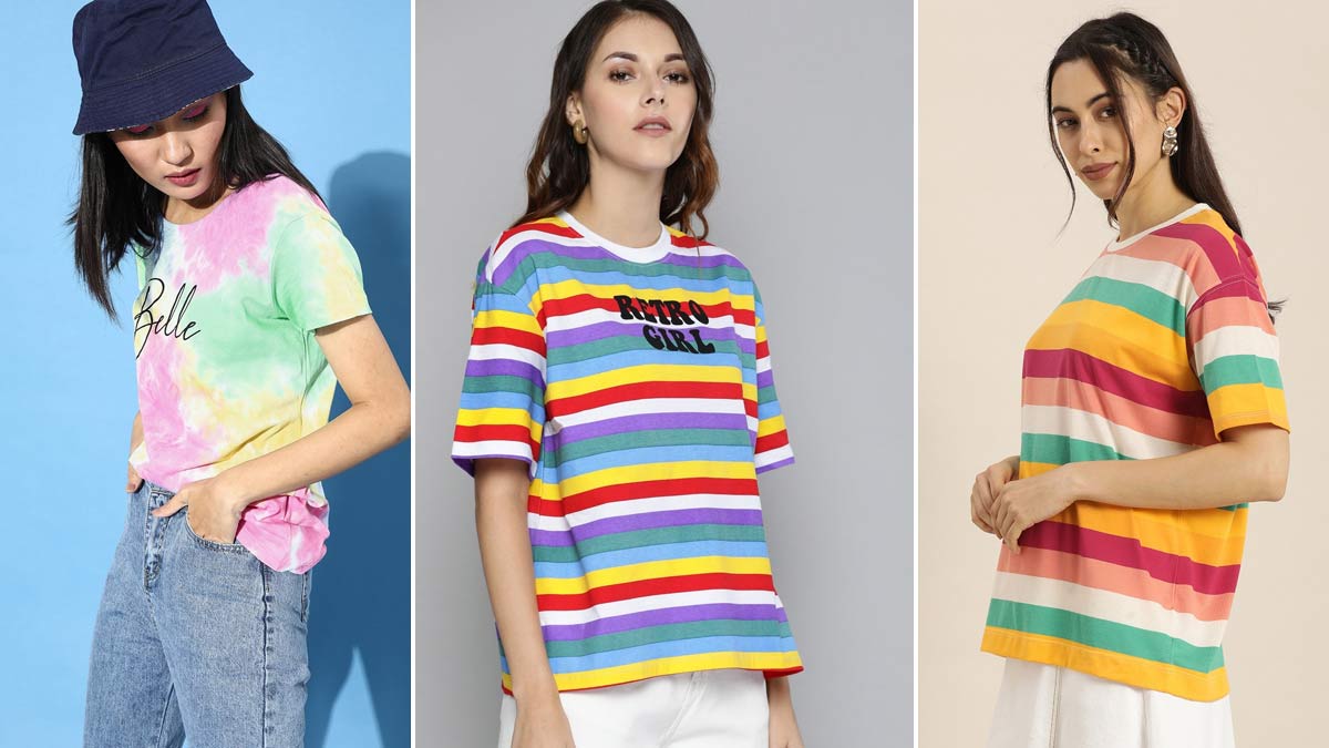Multicolour T-shirt: ऑफिस में ट्राई कर सकती हैं ये मल्टी कलर टी शर्ट ...