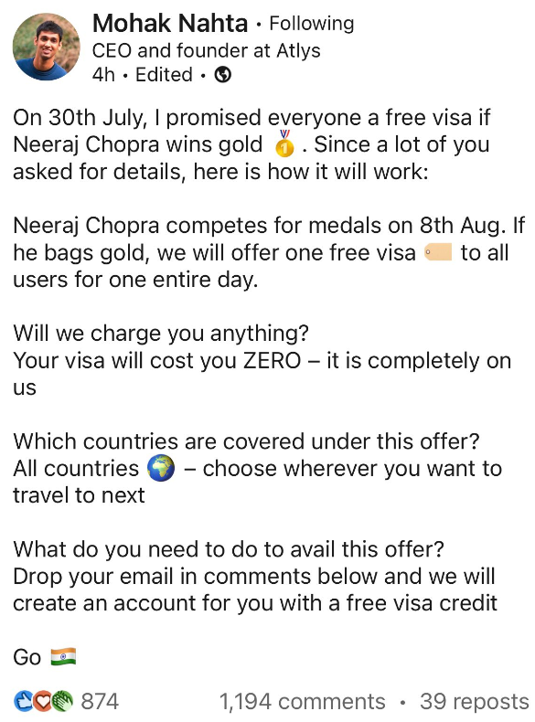 Win a Free Visa if Neeraj Chopra Wins Gold at the Paris Olympics: Here ...